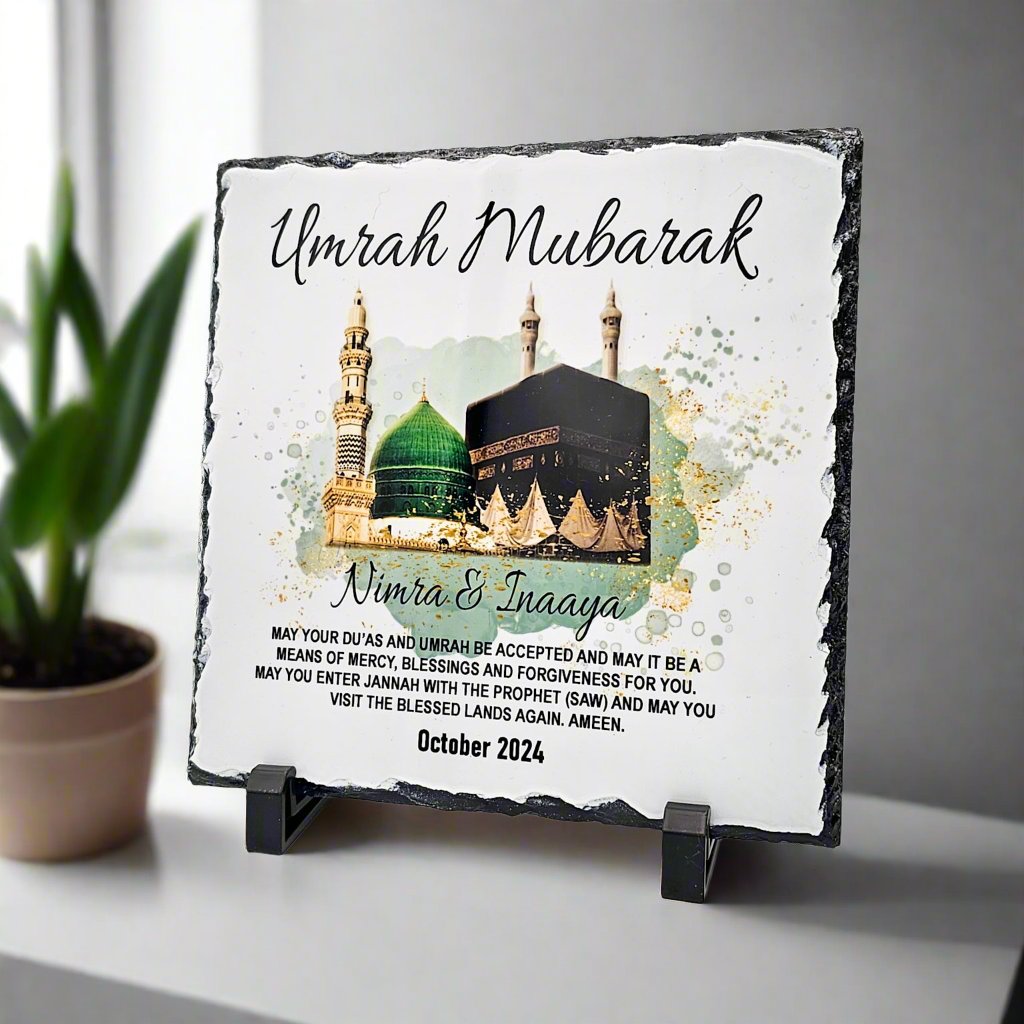 Umrah Hajj Mubarak Slate & Mug Set , Personalised Islamic Gift Rock Sl