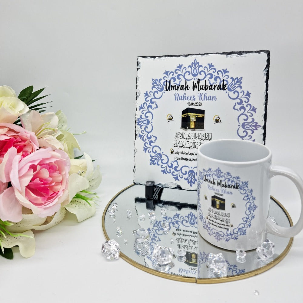 Umrah Hajj Mubarak Slate & Mug Set , Personalised Islamic Gift Rock Sl